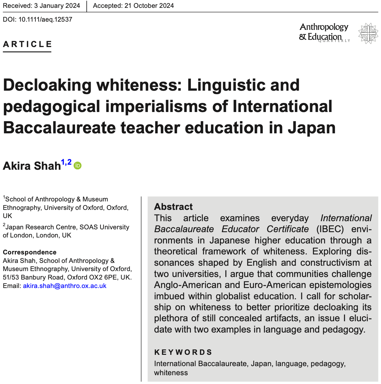 Dr. Akira Shah's new article, "Decloaking Whiteness: Linguistic and ...